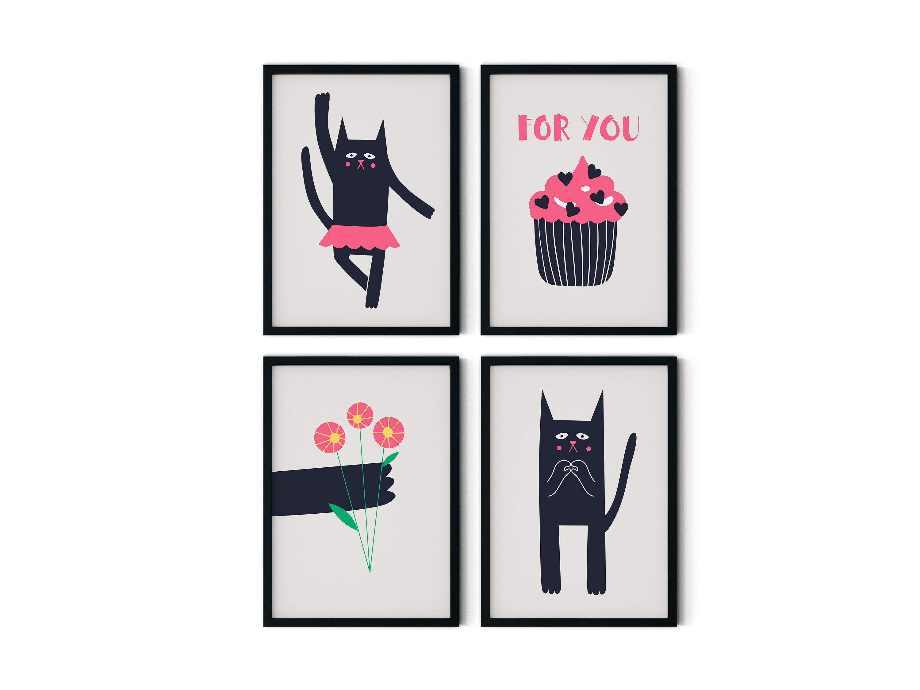 4 Cats Art Print Set, Wall Art, Cats Art, Home Decor, Cats Artwork, Cat ...