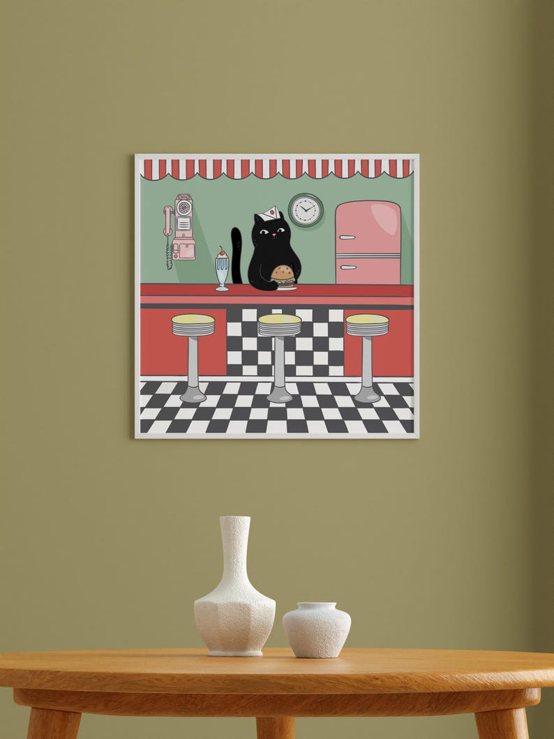 Retro Cat Art in Vintage Café Illustrated Decorative Poster, 50s Diner ...