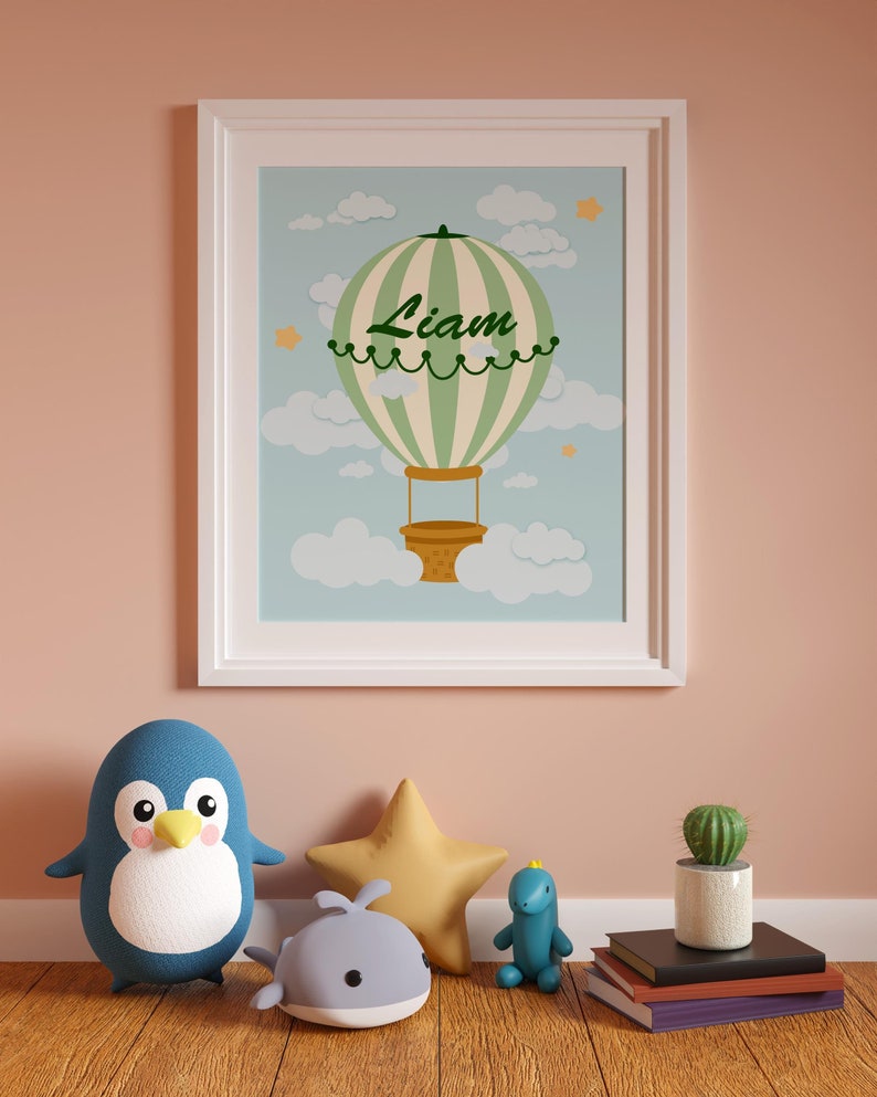 Custom Hot Air Balloon Name Poster - Personalized Baby Nursery Wall Art ...