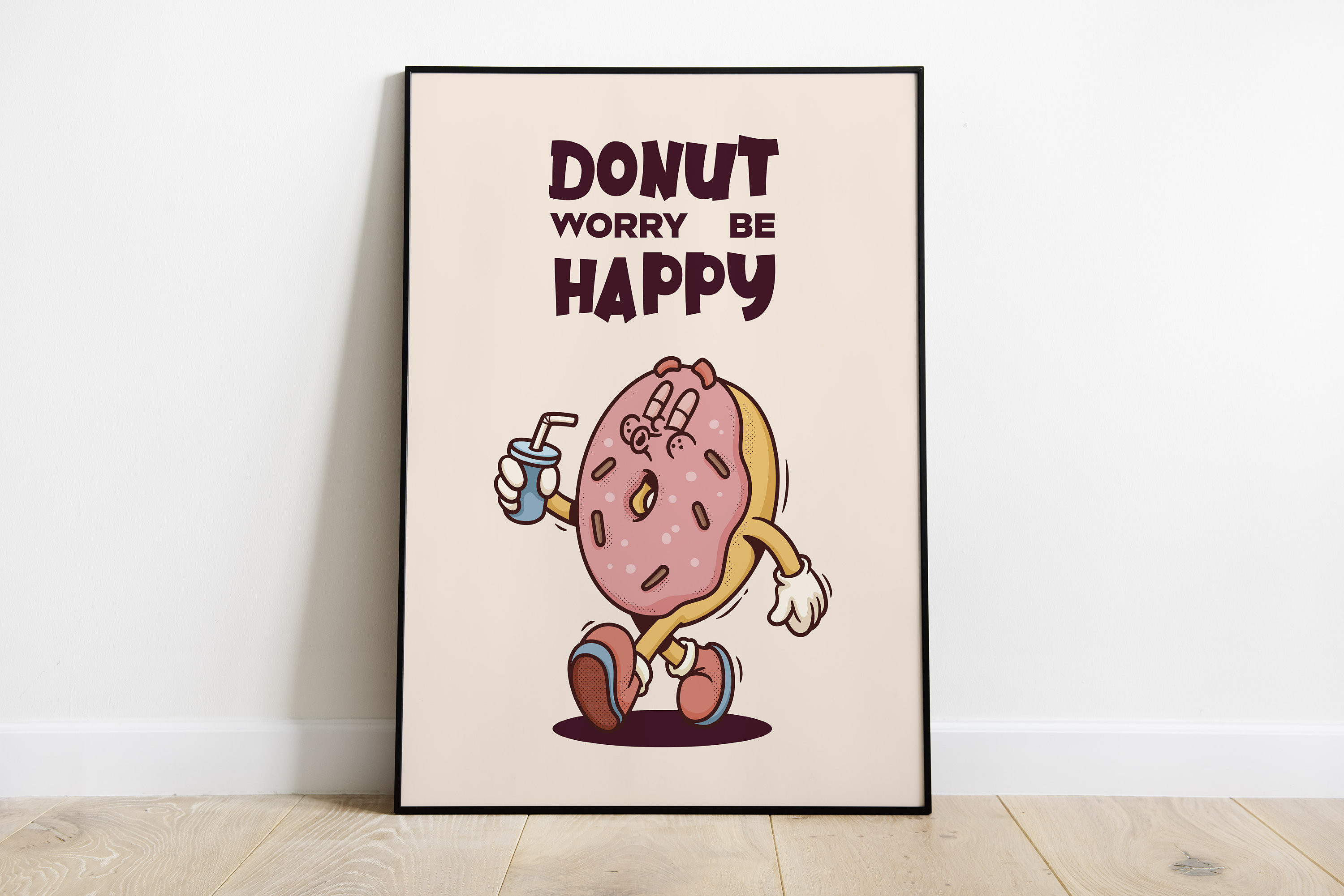 Donut Worry Be Happy Poster, Retro Character, Donut Print, Funny Phrase ...