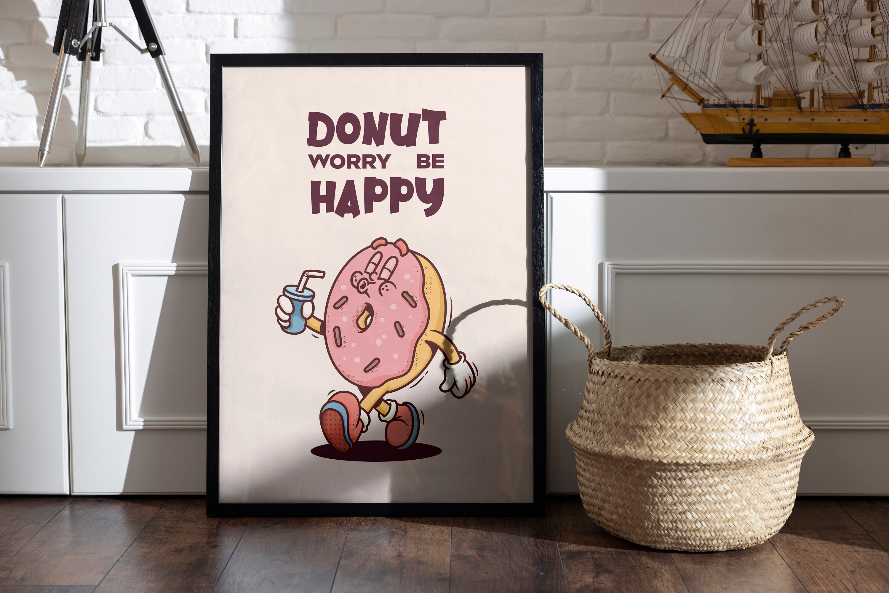 Donut Worry Be Happy Poster, Retro Character, Donut Print, Funny Phrase ...