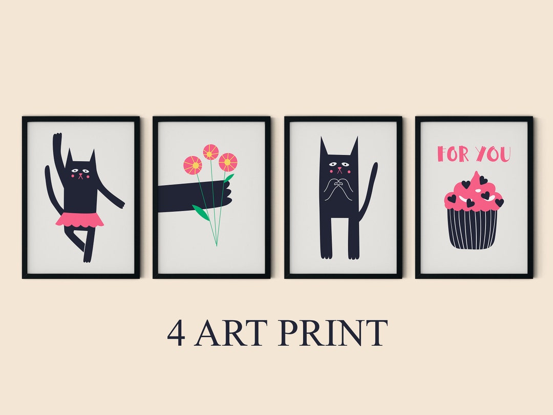 4 Cats Art Print Set, Wall Art, Cats Art, Home Decor, Cats Artwork, Cat ...