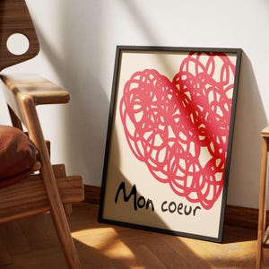 Mon Coeur Abstract Heart Poster - Modern Red Wall Art Print for Home ...