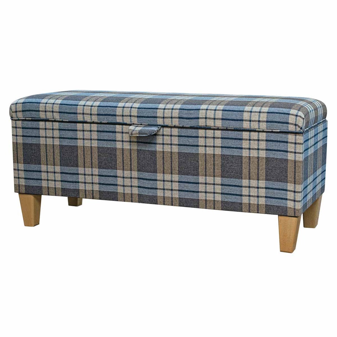 Blue Tartan 100cm Rectangle Storage Bench Ottoman Bedroom Accent Stool ...