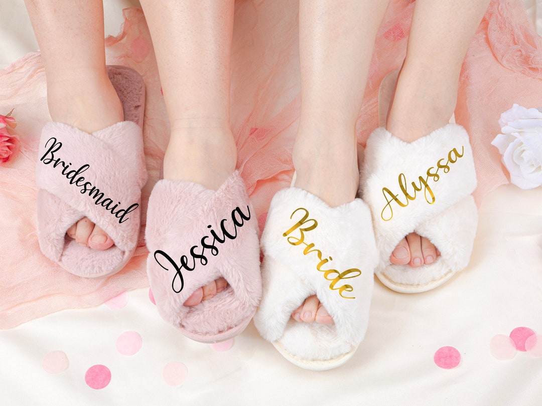 Personalized Slipper,bridesmaid Fluffy Slippers,custom Bride Slippers,bachelorette Party ...