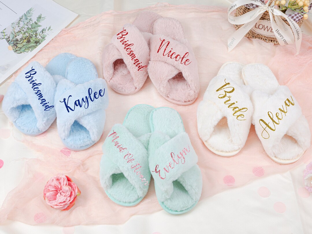 Personalized Slipper,bridesmaid Fluffy Slippers,custom Bride Slippers ...