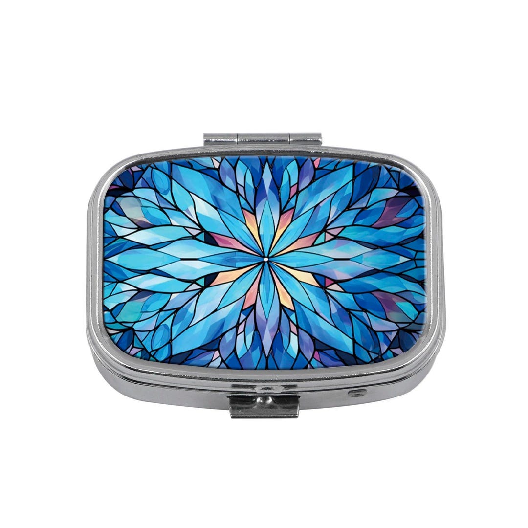 Stained Glass Blue Vintage Print Pill Box Divided Metal Stainless Steel ...