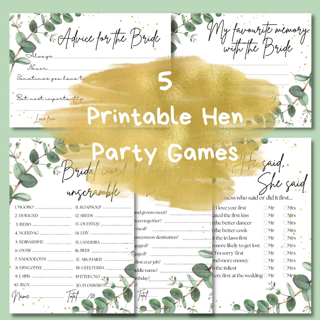 5 Printable Hen Party Games -the Whole Sage Sparkle Collection - Etsy