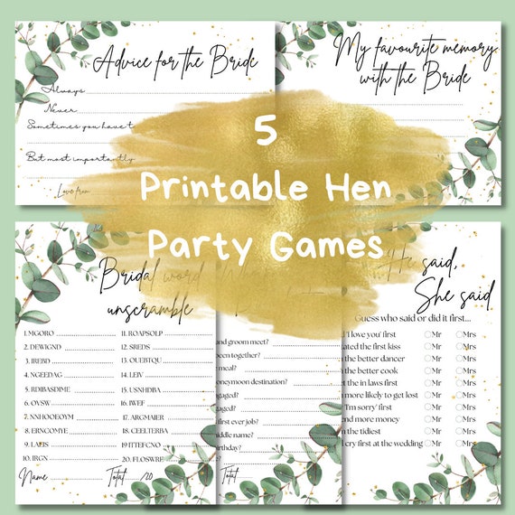 5 Printable Hen Party Games the Whole Sage Sparkle Collection - Etsy