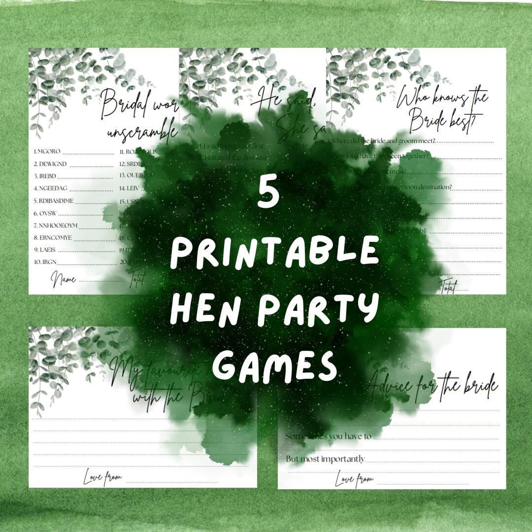5 Printable Hen Party Games -the Whole Eucalyptus Collection - Etsy