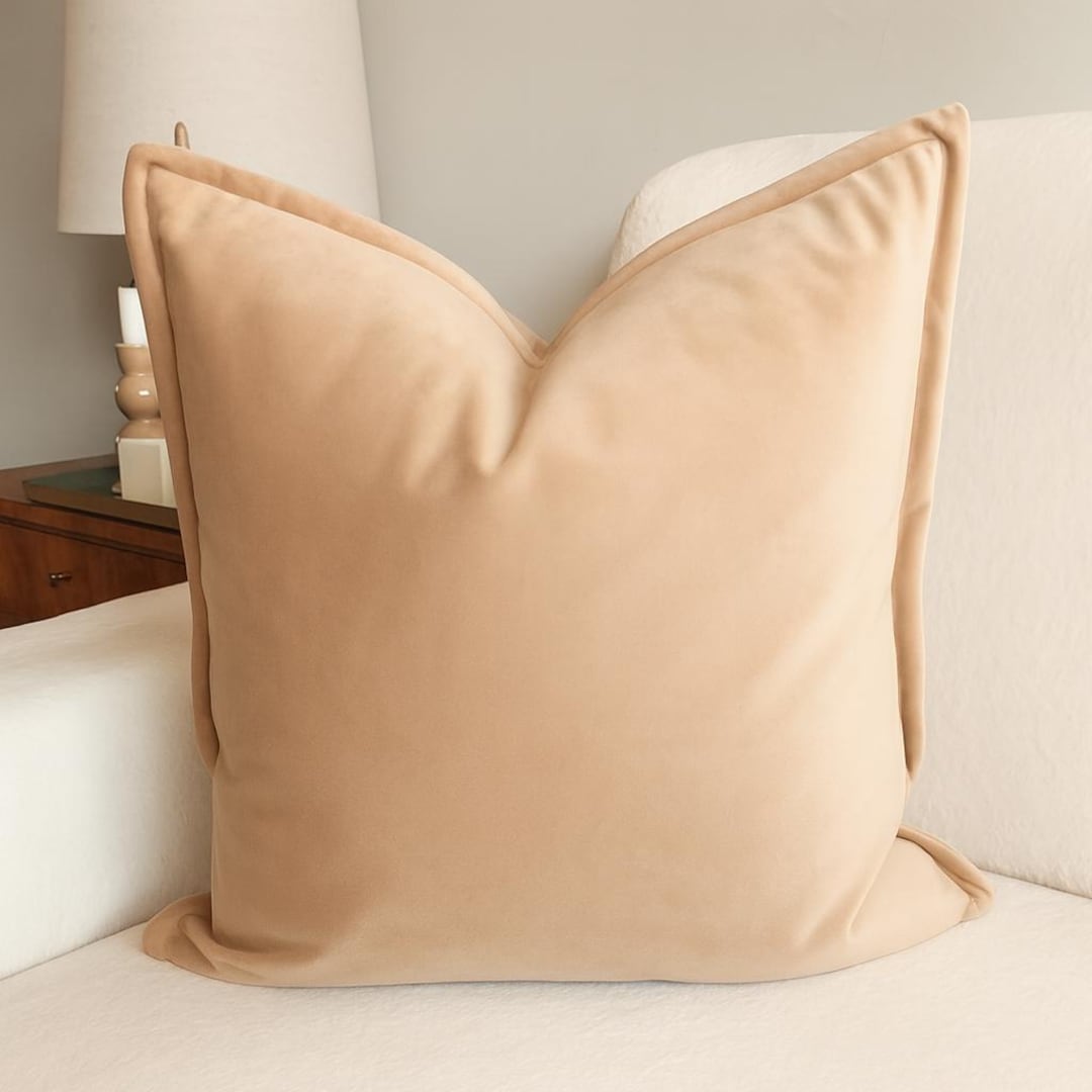 Natural Beige Velvet Pillow Cover With Flanged Edge. Camel Decorative ...