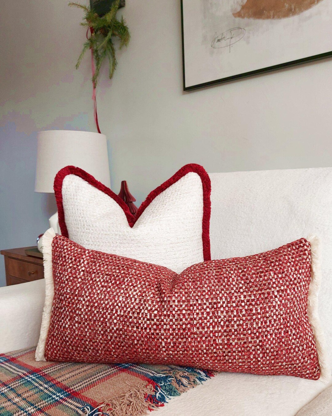 Red Pillow Lumbar Made of Thick Tweed With Fringe. Chenille Soft ...