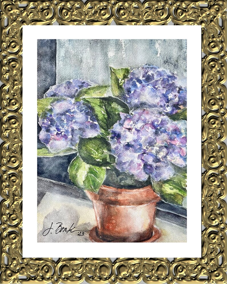 Purple Hydrangeas in Pot 10"x14" Original Hand-painted Watercolor ...