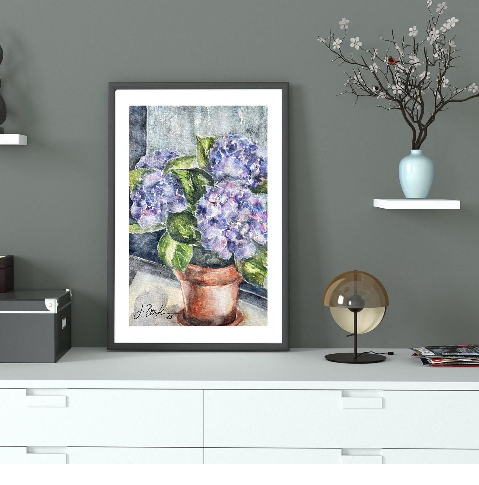 Purple Hydrangeas in Pot 10"x14" Original Hand-painted Watercolor ...