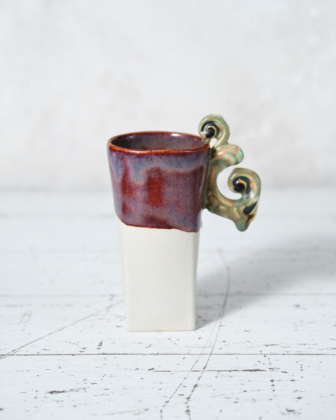 Handmade Porcelain Coffee Mug With Green Rococo Handle | Plum Glaze ...
