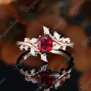 Oval Ruby Engagement Ring Vintage Unique Marquise Cut Diamond Cluster ...
