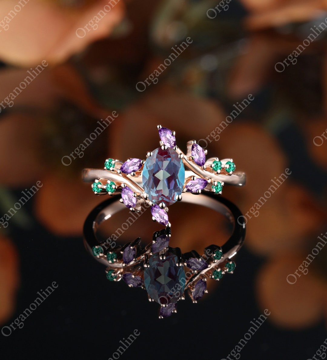 Oval Lab Alexandrite Engagement Ring, Marquise Cut Emerald Wedding Ring ...