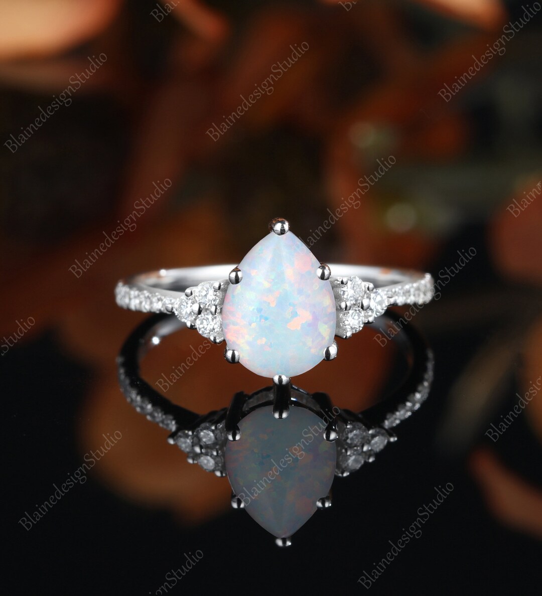 Pear Shaped Opal Engagement Ring Unique Diamond Cluster Moissanite ...