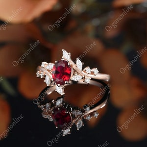Oval Ruby Engagement Ring Vintage Unique Marquise Cut Diamond Cluster ...