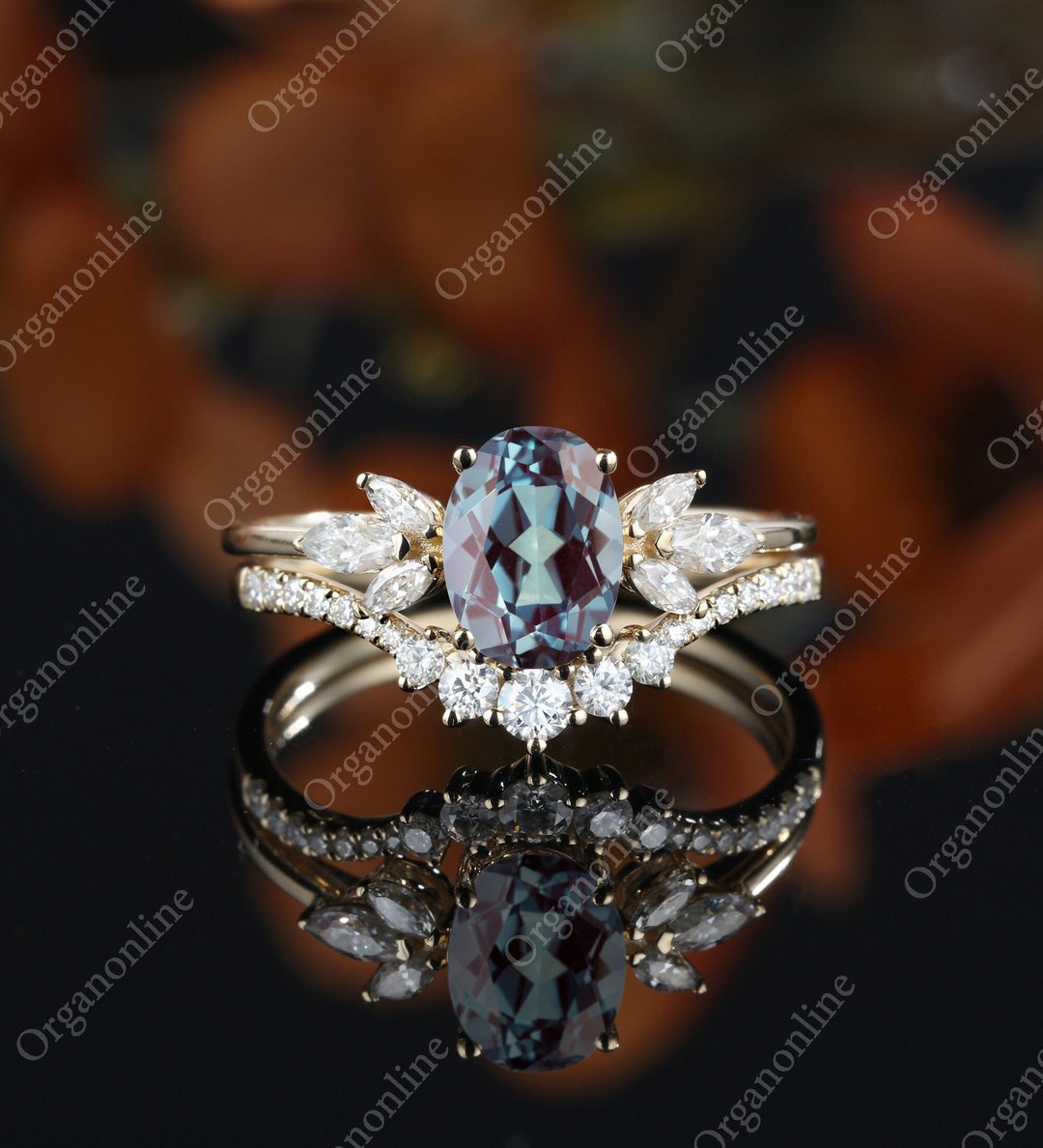 Anniversary Oval Lab Alexandrite Engagement Ring Set, Marquise Cut ...