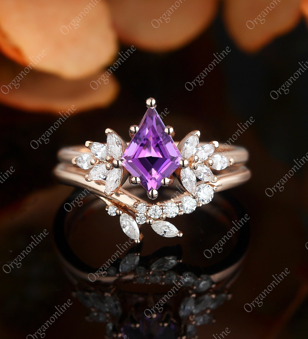 Kite Cut Amethyst Engagement Ring Set Vintage Curved Rose Gold Wedding ...