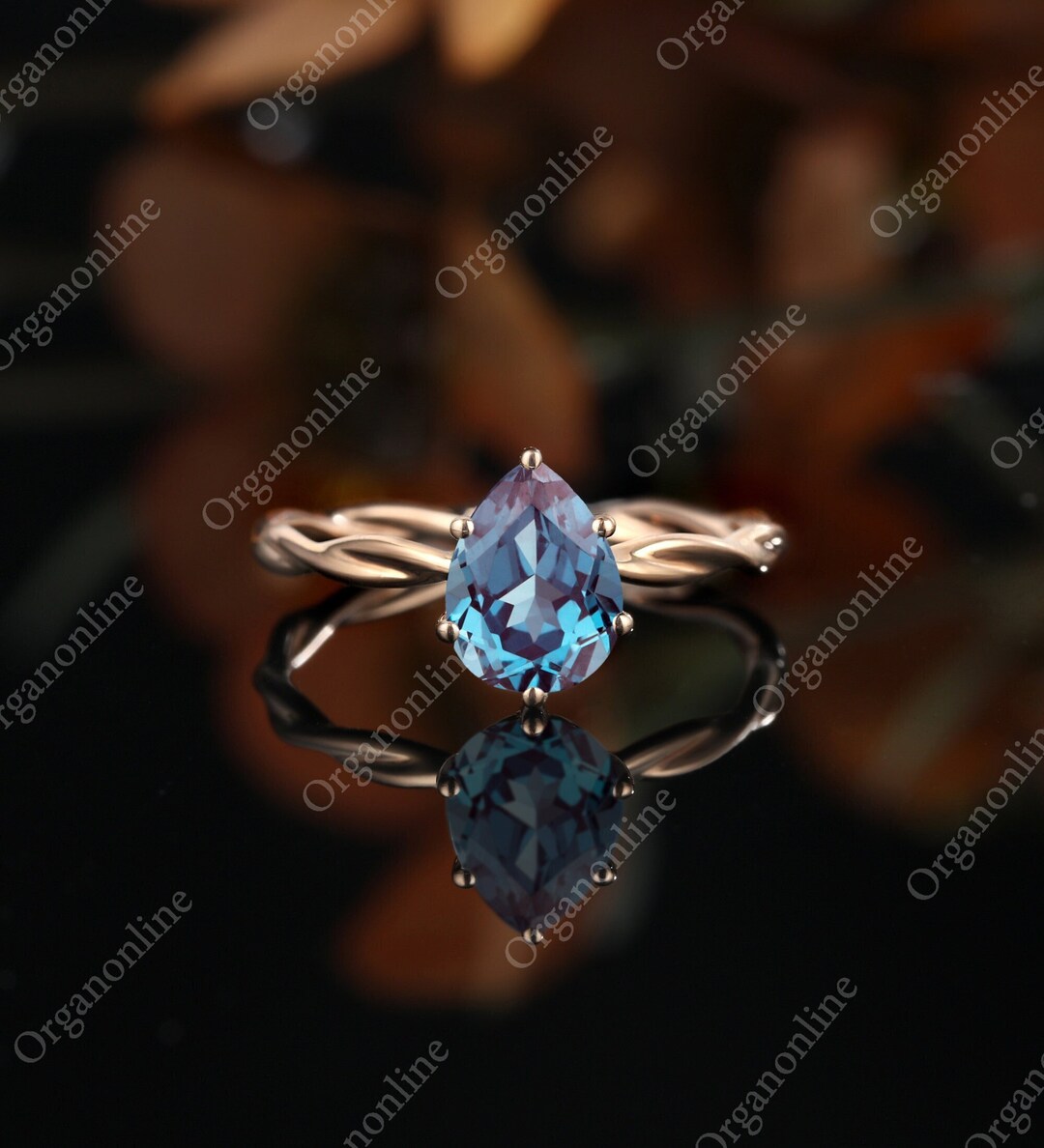 Vintage Lab Alexandrite Engagement Ring Simple Rose Gold Ring Pear ...