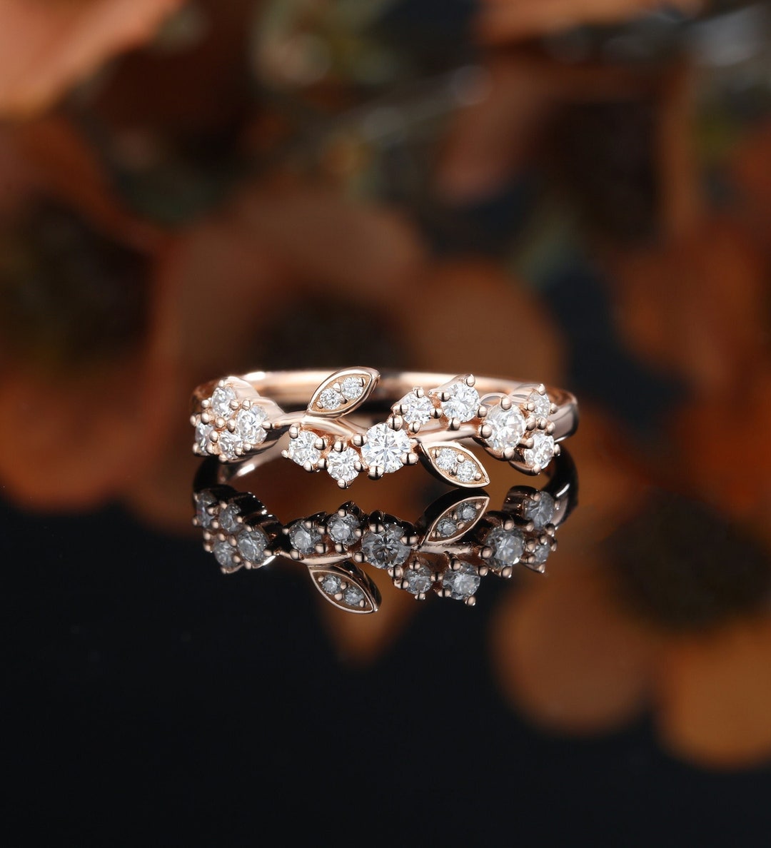 Floral Moissanite Wedding Band Leaf Band Cluster Band Stacking Matching ...