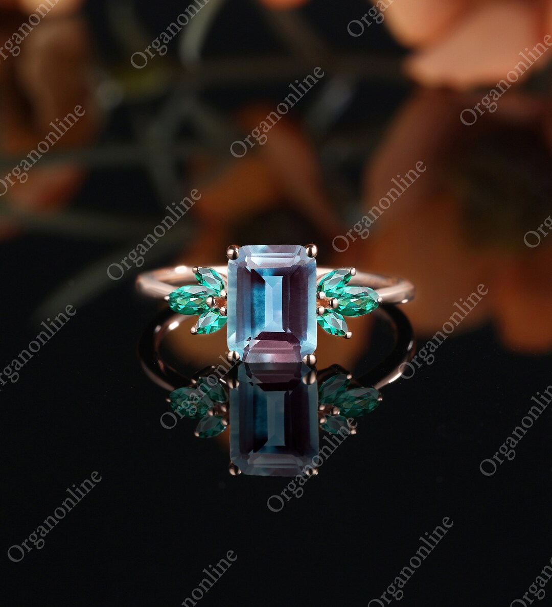 Emerald Cut Lab Alexandrite Engagement Ring, Marquise Cut Emerald Ring ...