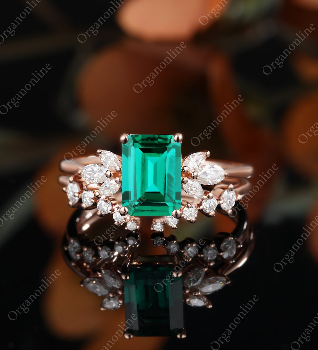 Unique Emerald Engagement Ring Set,emerald Cut Stacking Ring.vintage ...
