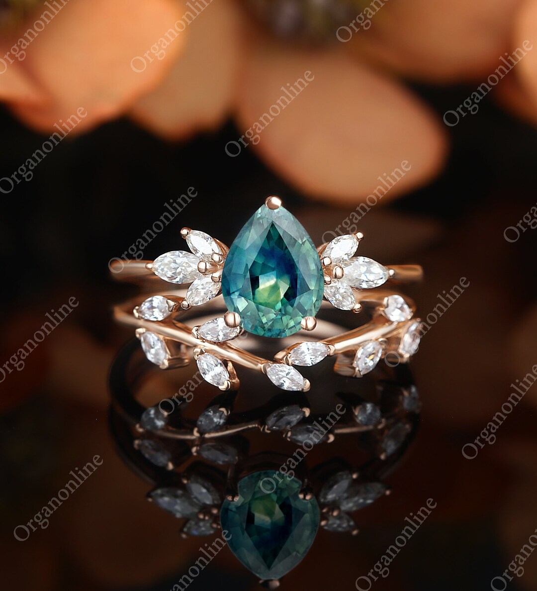 Pear Shaped Teal Sapphire Engagement Ring Set, Rose Gold Curved Wedding Band, Diamond Moissanite ...