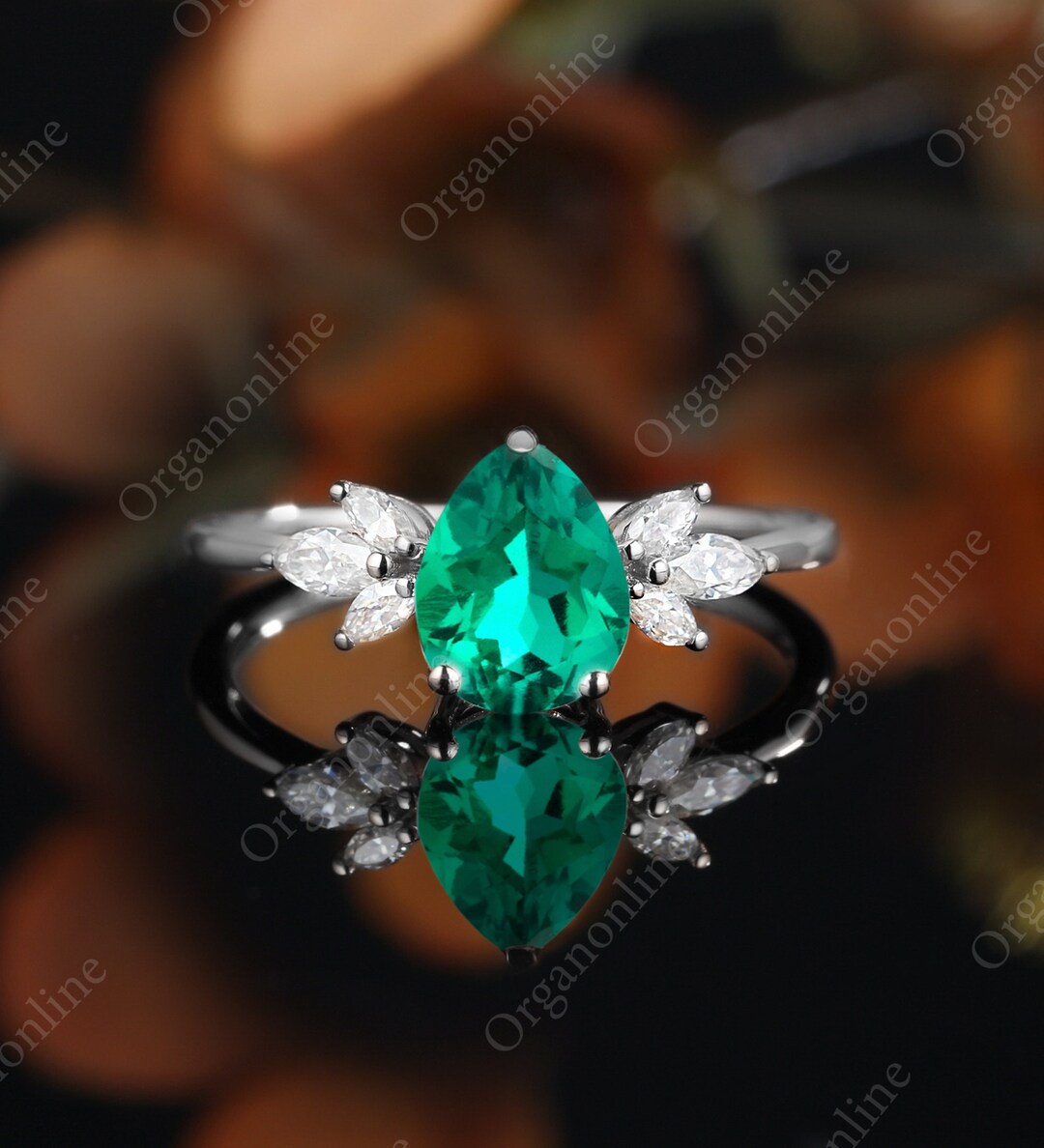 Pear Shaped Emerald Engagement Ring, Marquise Moissanite Diamond White ...