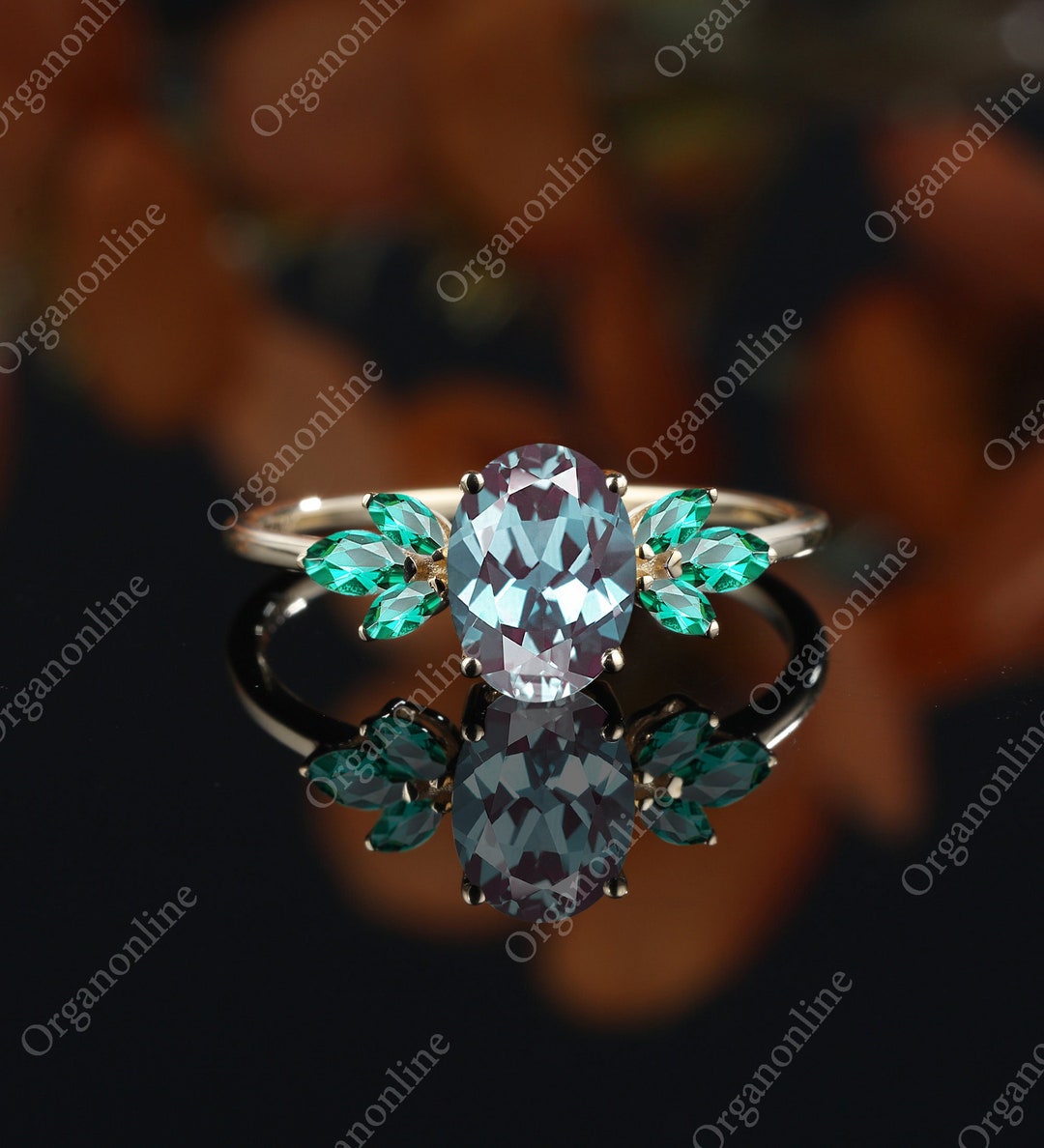 Oval Lab Alexandrite Engagement Ring, Cluster Marquise Cut Emerald ...