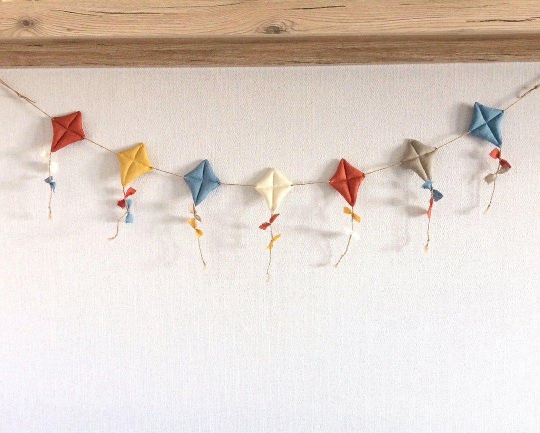 Linen Kite Garland, Nursery Wall Decor, Blue Gray Mustard Terracotta ...