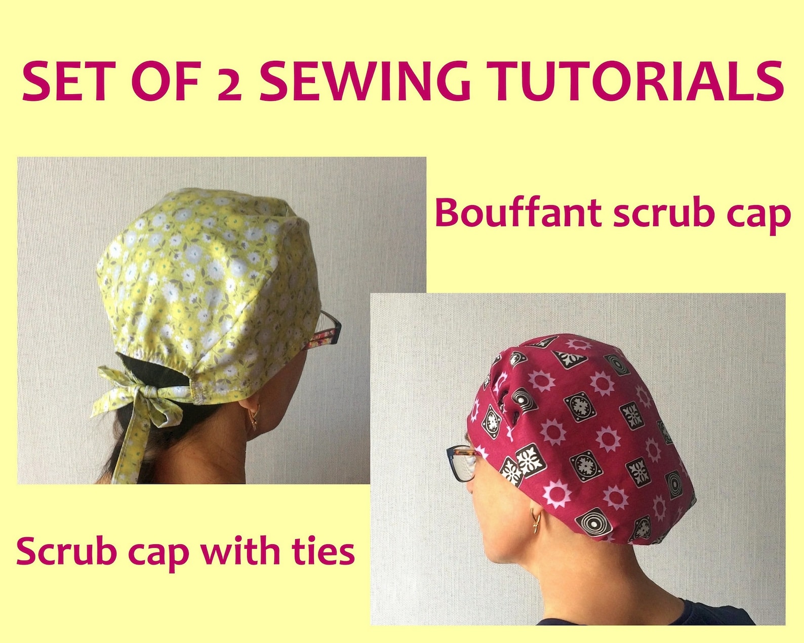 2 Sewing PDF Patterns: Scrub Hat With Ties and Bouffant Scrub Cap, Step ...