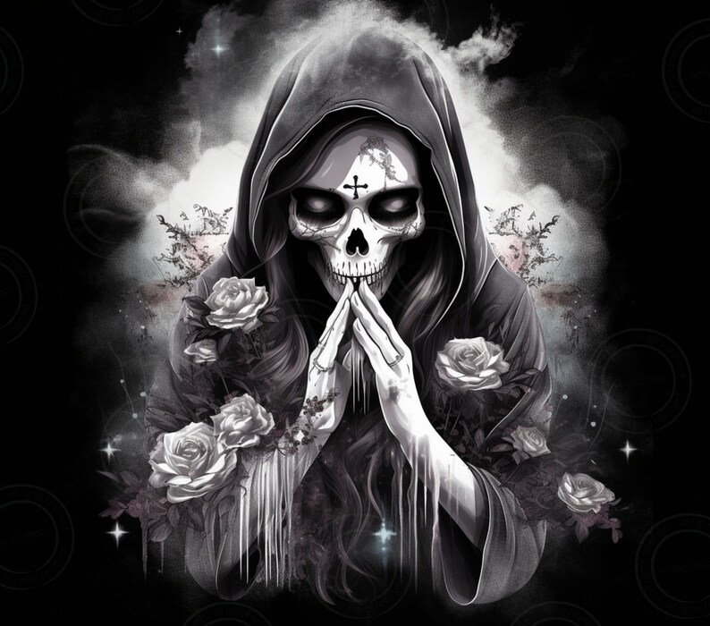 Praying Hooded Figure With Skull and Flowers Abstract Sublimation PNG ...