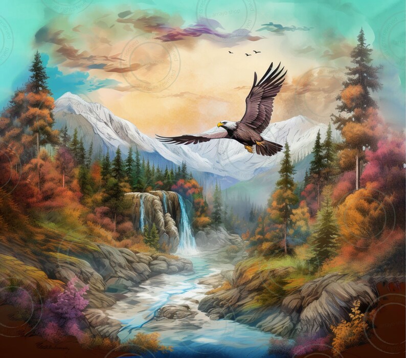 Eagle Soaring Above the River Surrounded by Forests and Mountains ...