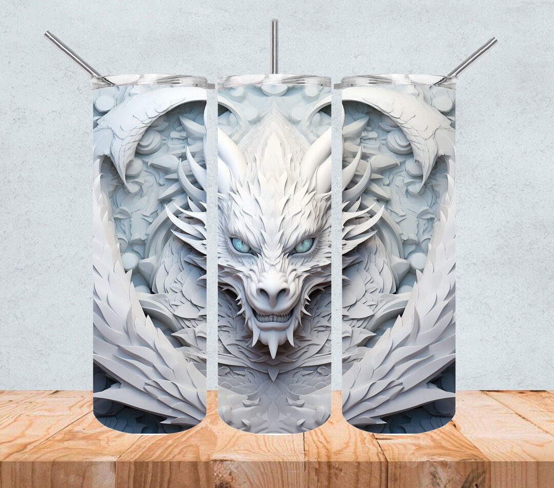 3D Dragon Tumbler Sublimation PNG for Fantasy Enthusiasts White Dragon ...