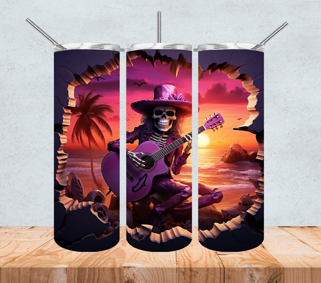 Rockstar Skeleton in Hat Playing Guitar on the Beach Sublimation Design ...