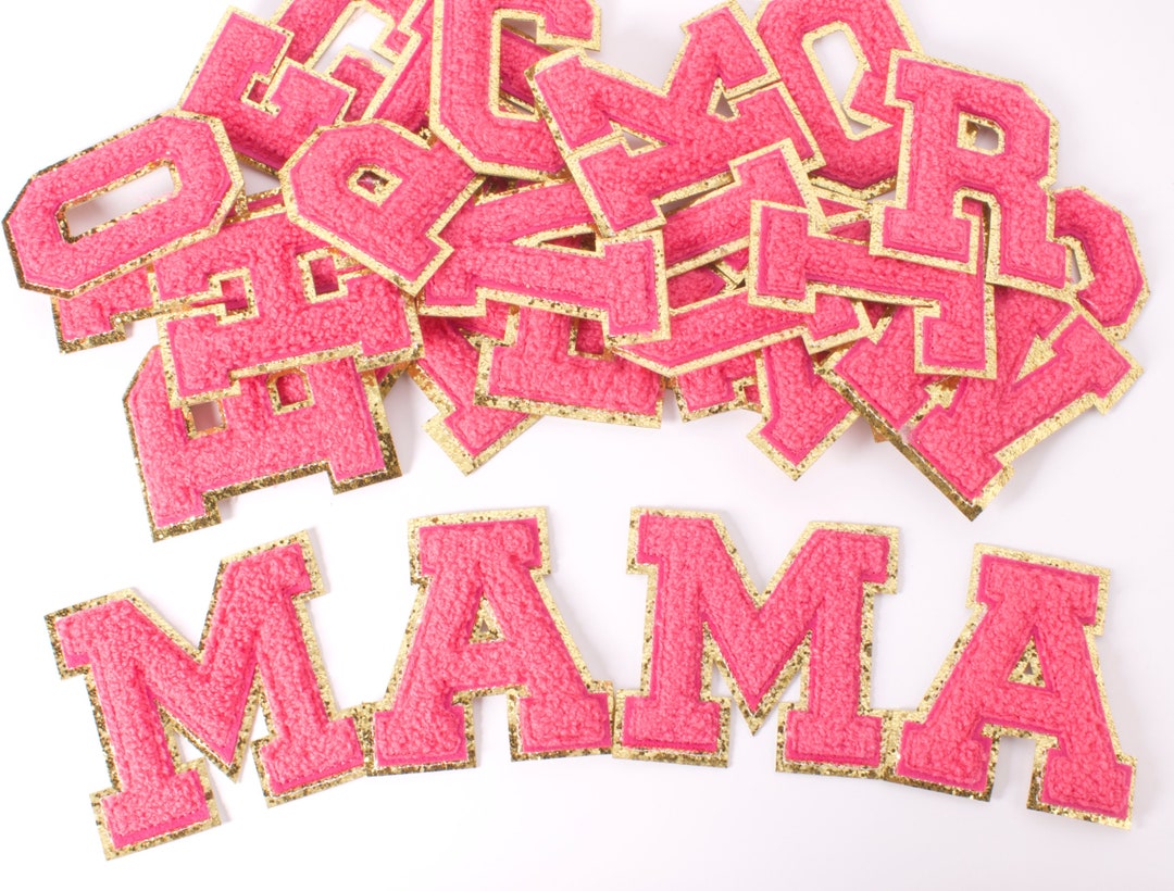 Hot Pink Glitter Chenille Letters A-Z Iron-on Patch, Letters Patch ...