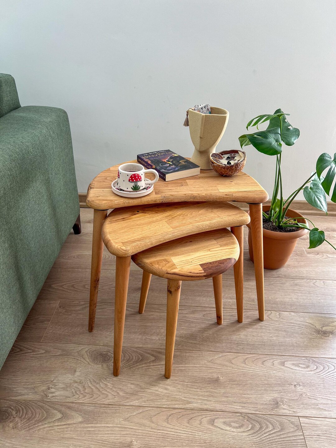 Chestnut Wood Nesting Coffee Table Set: Mid-century Modern Side Tables ...