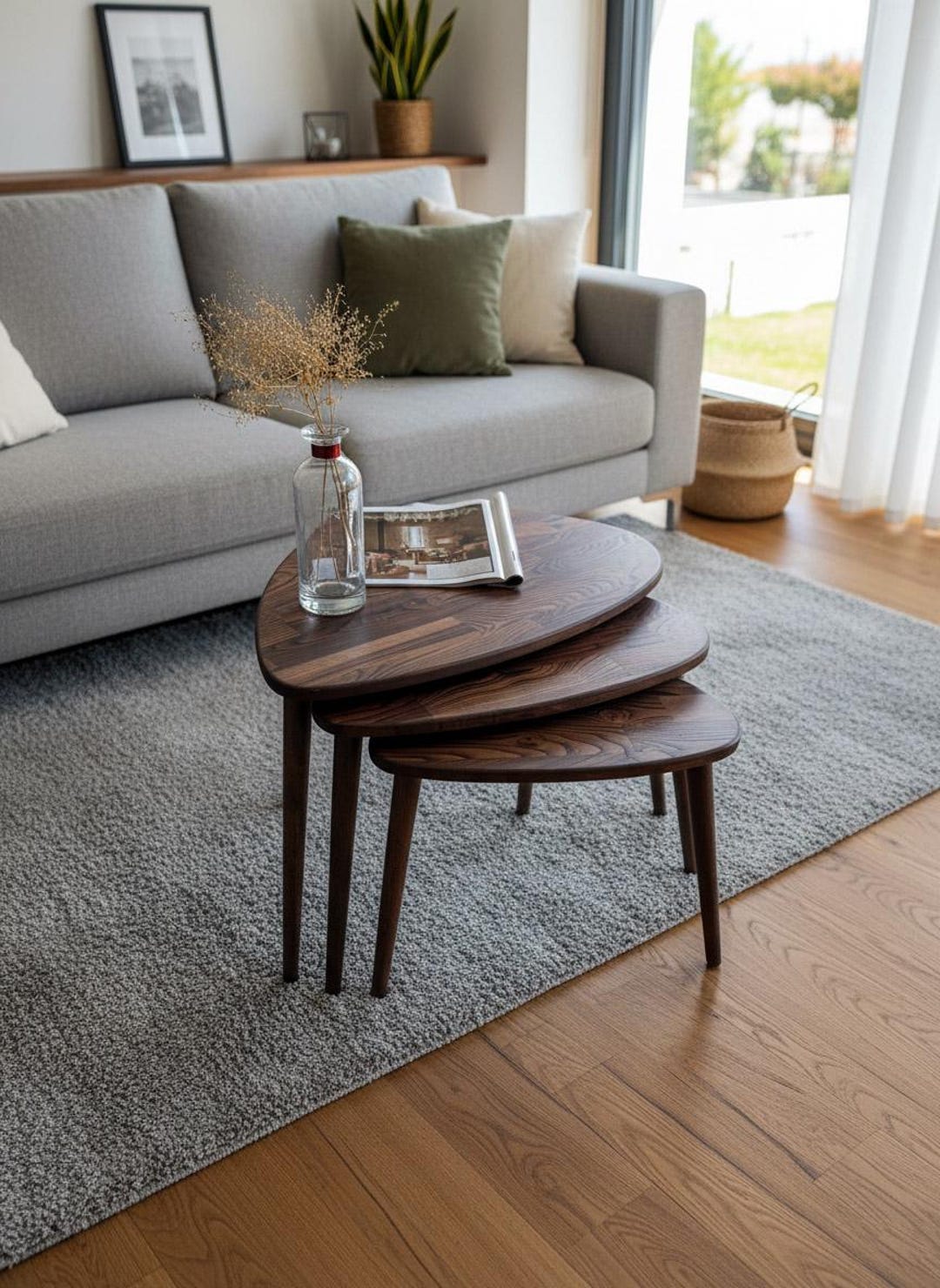 Dark Walnut Wooden Nesting Tables Set of 3, Solid Wood Stackable Side ...