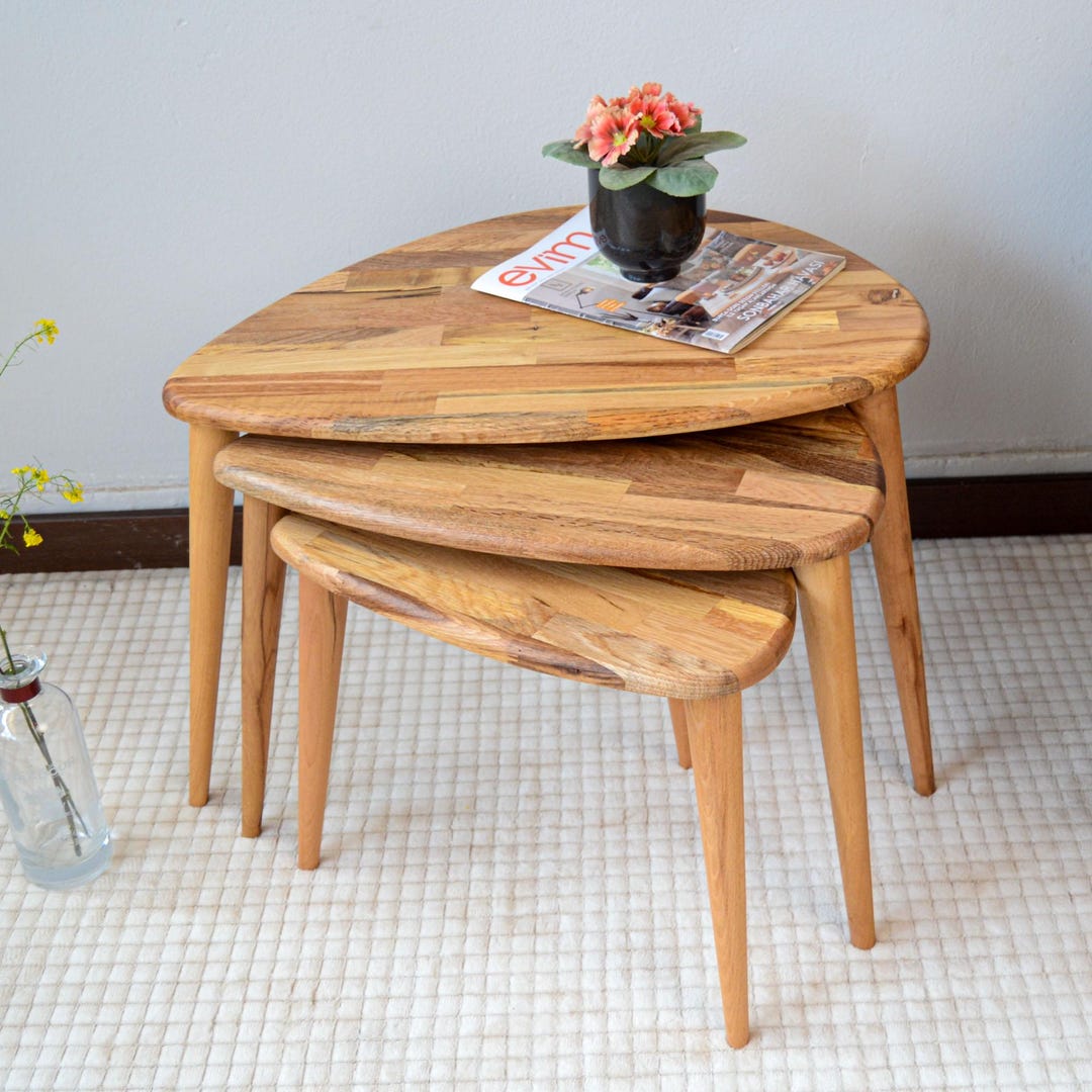 Solid Oak Set of 3 Ercol Style Nesting Coffee Table With Wooden Tapered ...