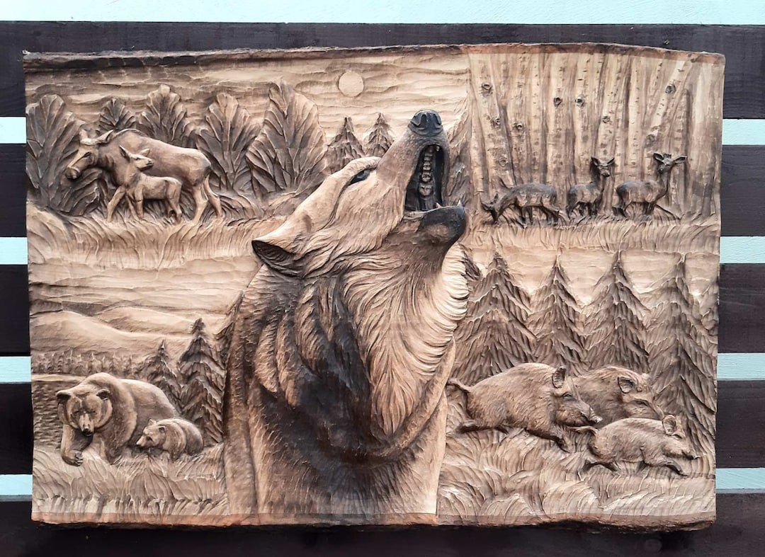 Hand Carved Linden Wood Wolf - Wildlife Scene Wall Art - Etsy