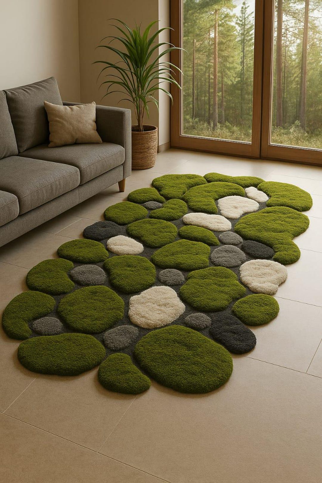 Moss Rug Irregular Shape, 3D Pebble Green Area Rug, Hand Tufted Forest ...