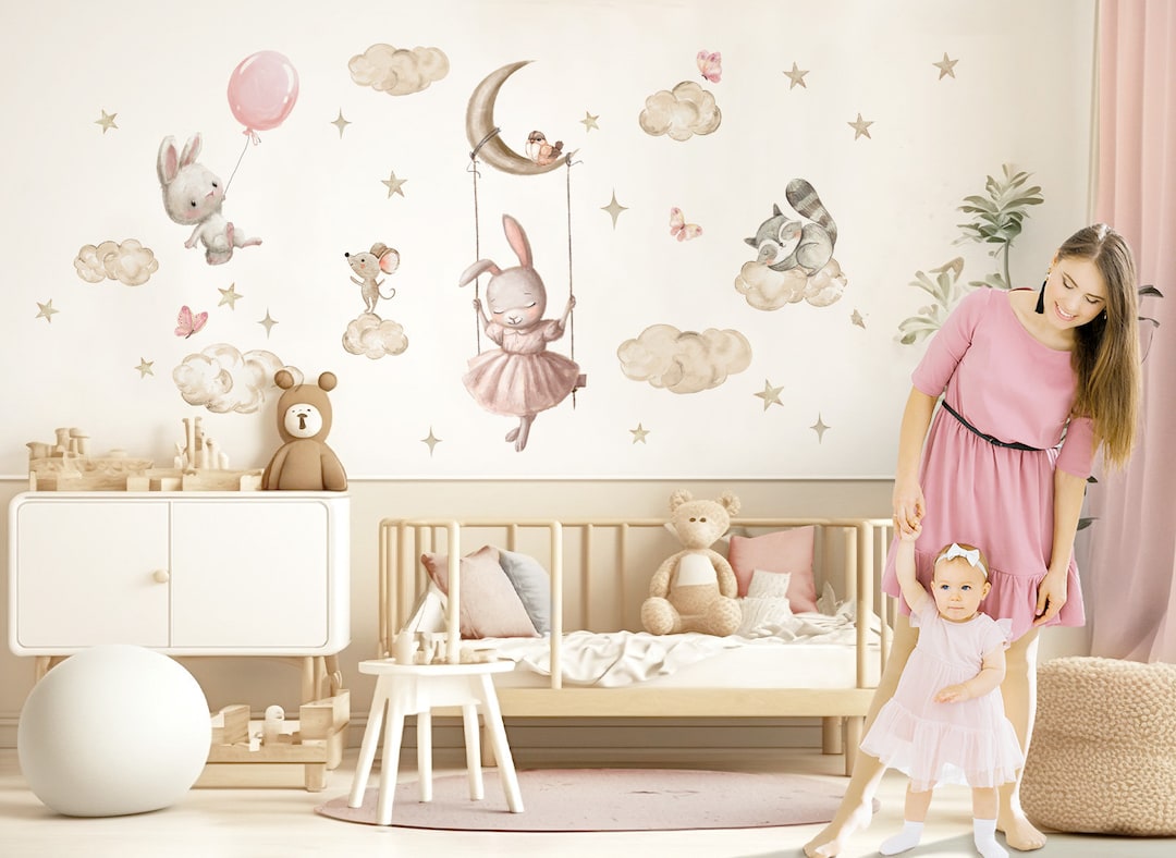 Wall Sticker for Baby Room Rabbit Watercolor Wall Decal for Children's Room Animals Balloon Wall ...