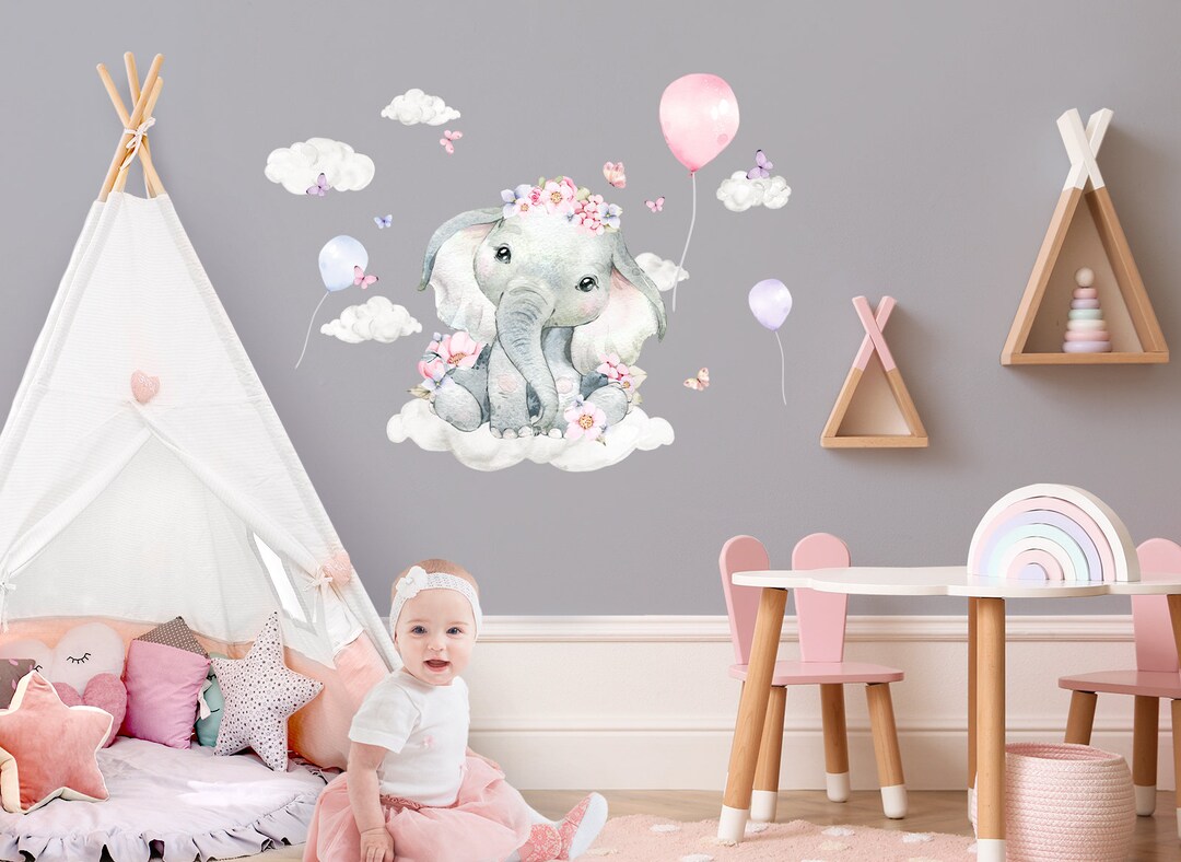Elephant Wall Decal With Clouds, Wall Sticker for Children's Room ...
