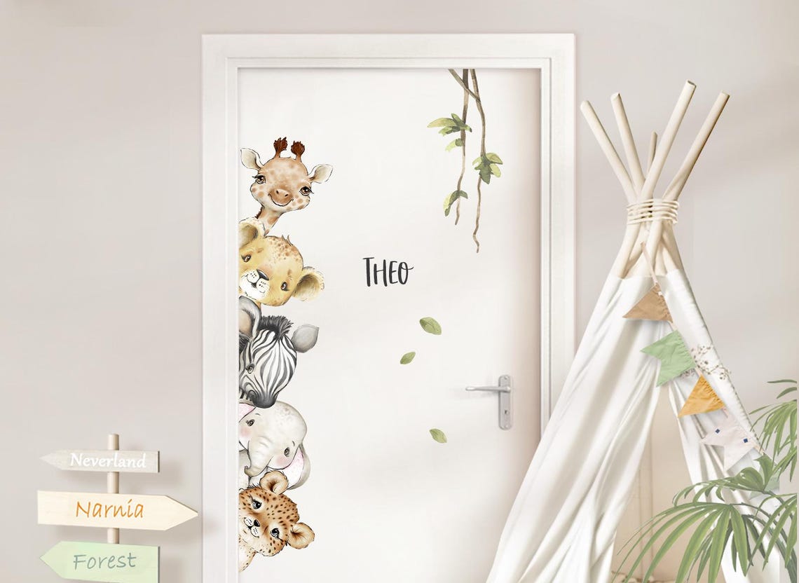 Door Sticker for Children's Room, Jungle Animals Wall Decal for Baby ...
