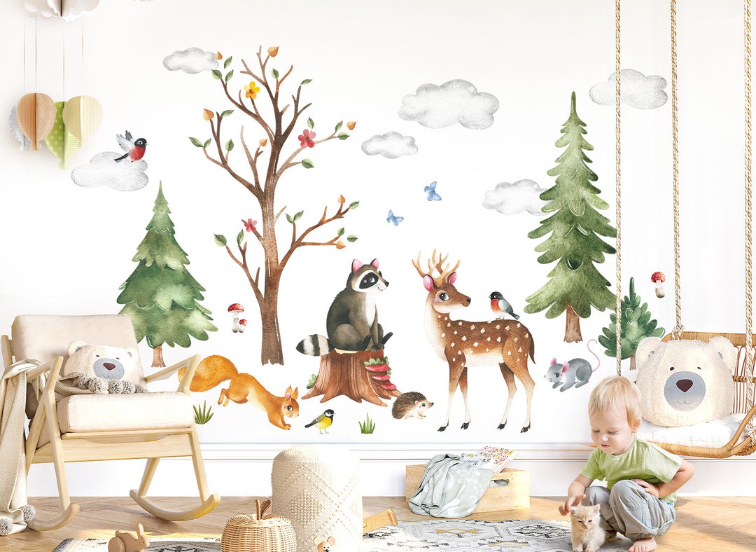 Wall Sticker Forest Animals Tree Wall Sticker Raccoon Deer Mouse Wall ...