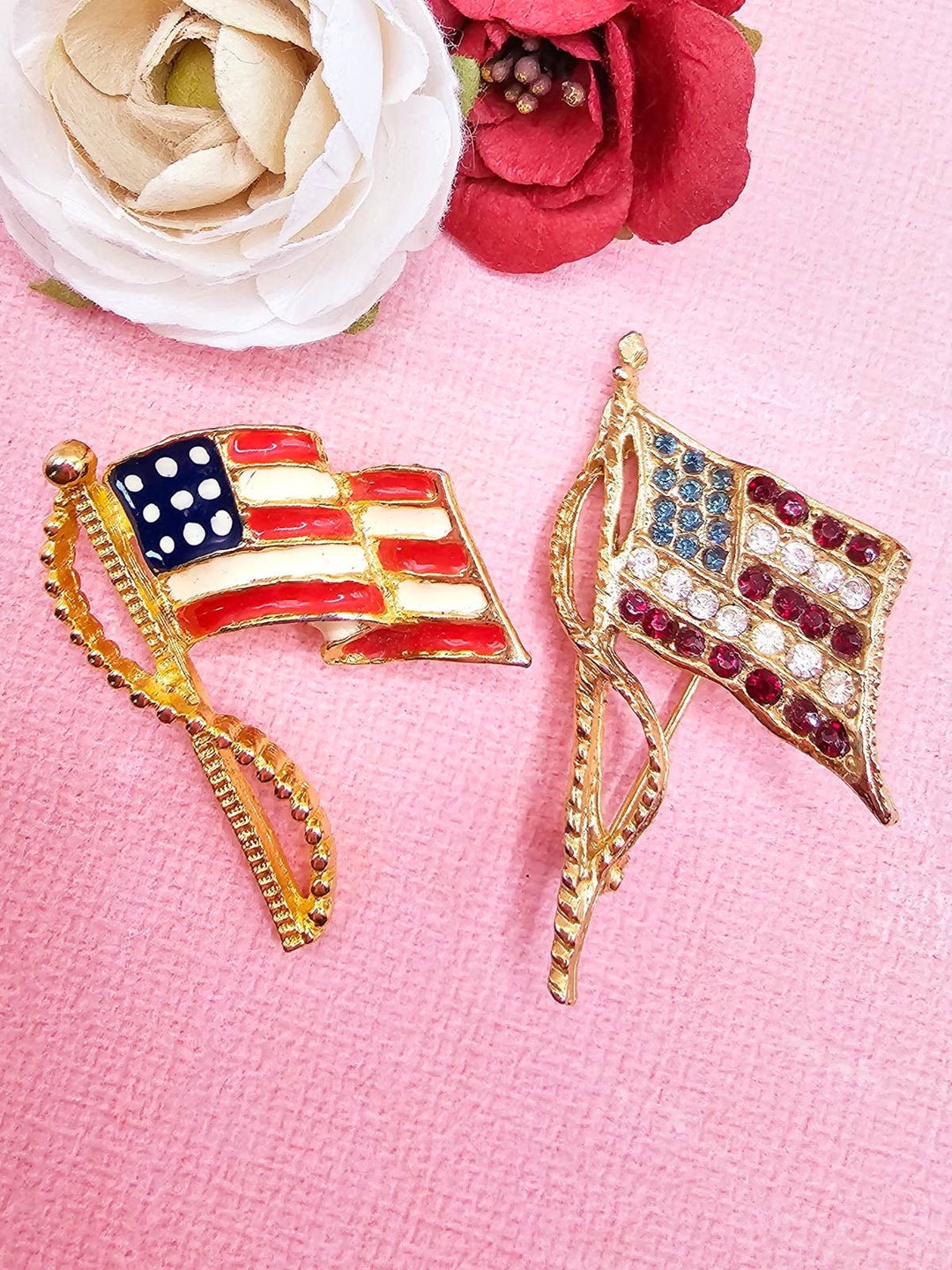Two Vintage Rhinestone and Gold-tone Flag Pins - Etsy