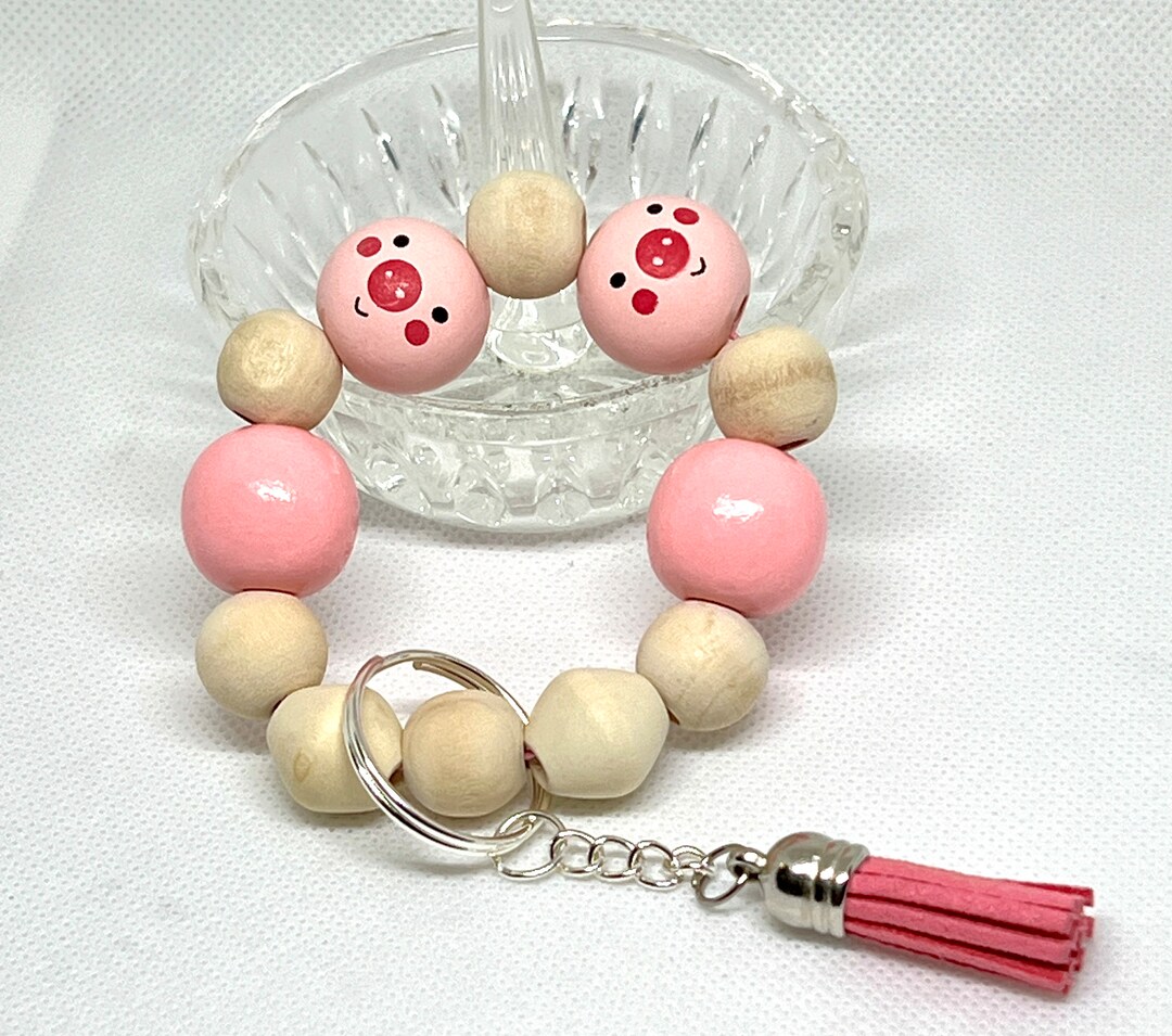Handmade Wooden Pig Bead Keychain Wristlet - Trendy Pink Wooden Beads ...